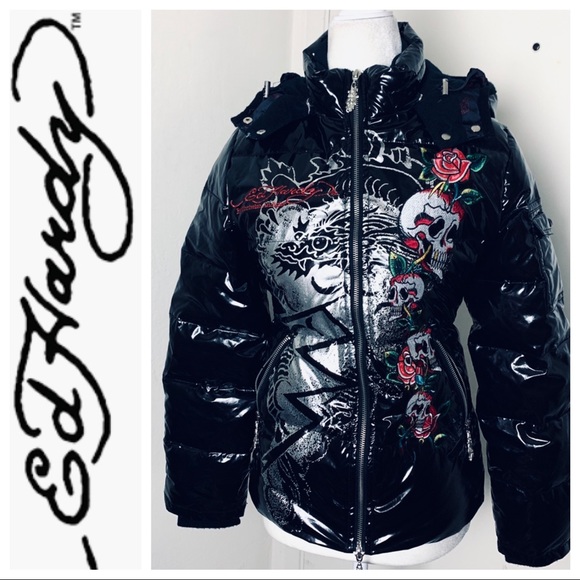 Ed Hardy | Jackets & Coats | Rare Ed Hardy Skulls And Roses Puffer ...